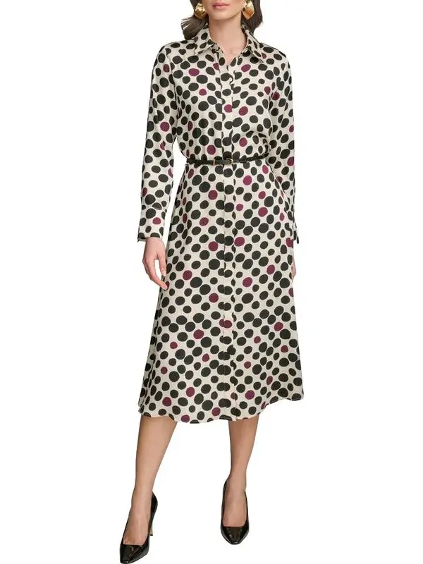 Donna Karan New York Mixed Dot Long Sleeve Belted Midi Shirtdress - Light Canvas/berry Multi