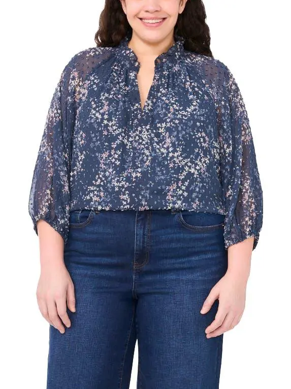CECE DUPRAZ Floral Clip Dot Ruffle V-neck Top - Blue Haze