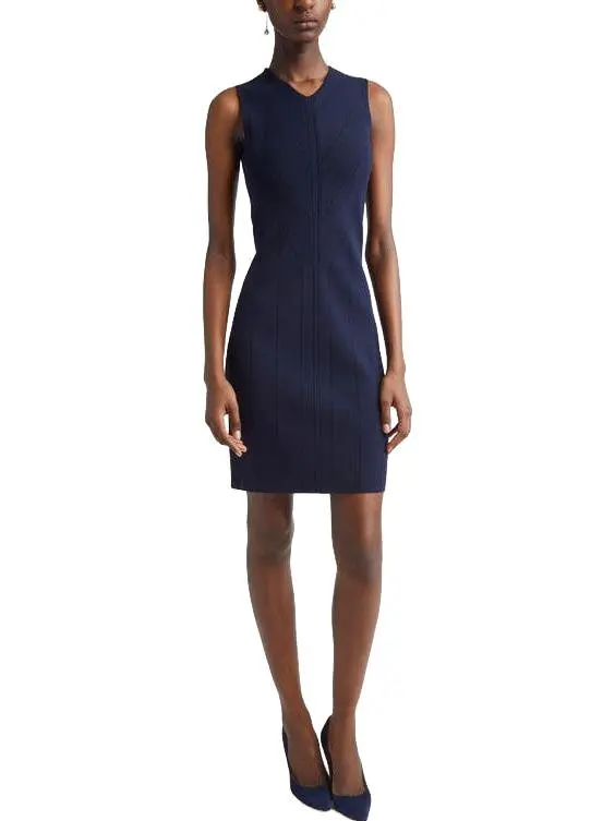 St. John Pointelle Ribbed Knit Sheath Dress - Navy