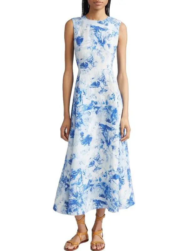 Lafayette 148 New York Floral Sleeveless Silk & Linen Fit & Flare Dress - Blue Oasis Multi