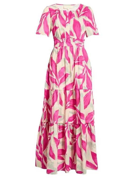 MELLODAY Short Sleeve Tiered Maxi Dress - Bone Rose Violet Leaf