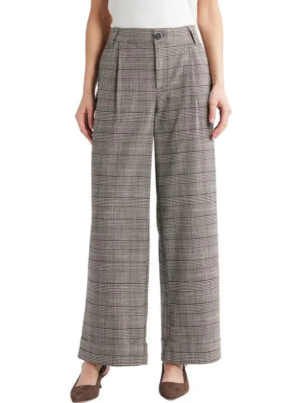 Wit & Wisdom Skyrise Glen Plaid Pleated Wide Leg Trousers - Birch Black Multi