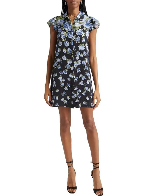 Alice + Olivia Floral Ruffle Sleeve Mini Shirtdress - Smell The Roses