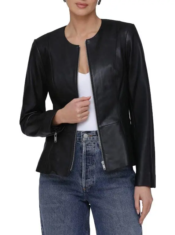 Bagatelle Genuine Leather Zip Front Peplum Jacket - Black
