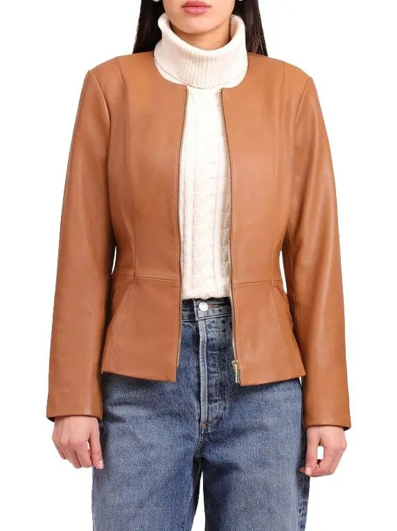 Bagatelle Genuine Leather Zip Front Peplum Jacket - Cognac