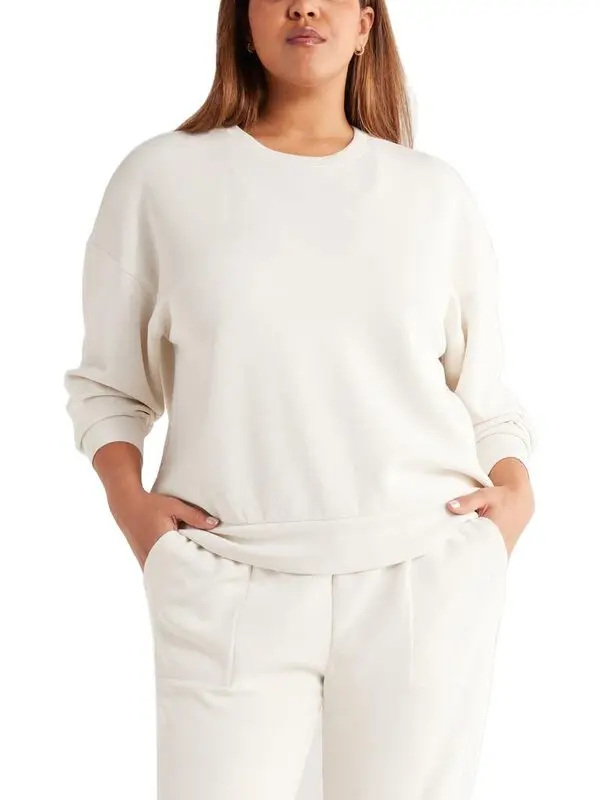 Zella Ultrasoft Boxy Knit Crewneck Sweatshirt - Beige Ivory Heather