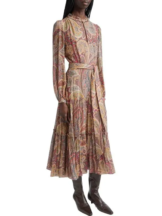 Etro Paisley Print Long Sleeve Belted Crepon Midi Dress - Bordeaux