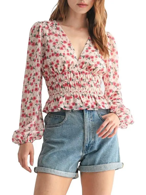 ALL IN FAVOR Floral Print Ruffle Blouse - Blush Floral
