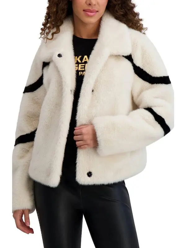 Karl Lagerfeld Paris Stripe Short Faux Fur Coat - White Black
