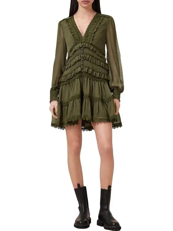 ALLSAINTS Zora Long Sleeve Tiered Minidress - Moss Green