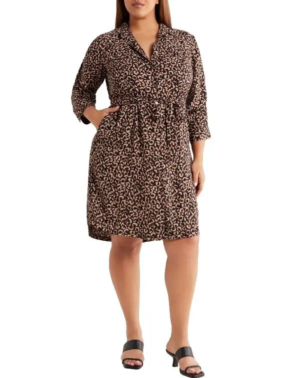 NIC+ZOE Abstract Animal Print Ruched Sleeve Shirtdress - Brown Multi