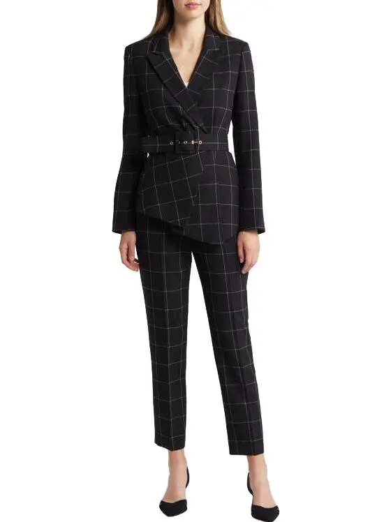 TAHARI ASL Windowpane Check Belted Blazer & Pants Set - Black Ivory