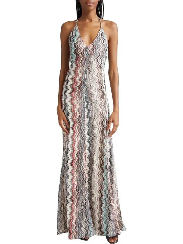 Missoni Zigzag Stripe Knit Maxi Dress - Multi White Blue Brown
