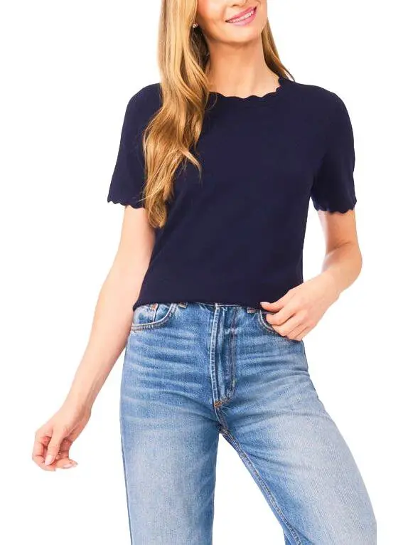 CECE DUPRAZ Scallop Neck Short Sleeve Sweater - Classic Navy