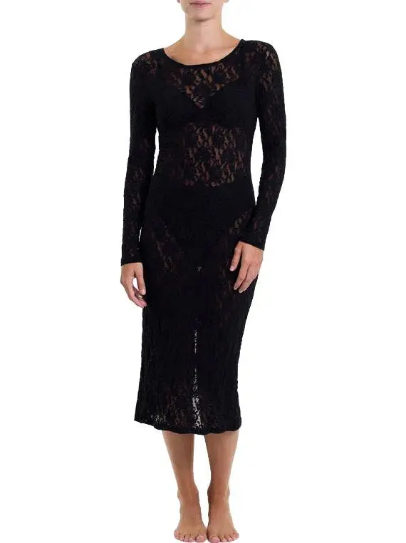Hanky Panky Signature Long Sleeve Sheer Lace Midi Dress - Black