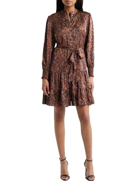 Julia Jordan Tiered Long Sleeve Tie Waist Button Front Satin Dress - Brown Multi