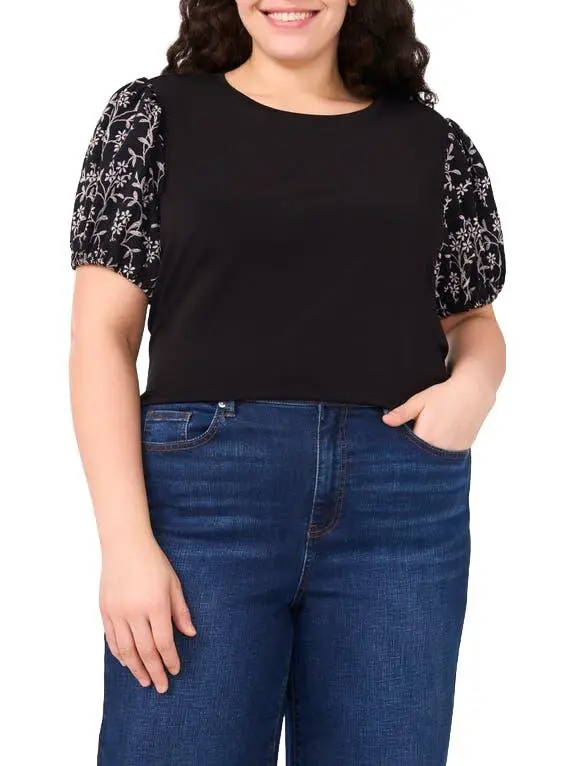 CECE DUPRAZ Floral Embroidered Puff Sleeve T-shirt - Rich Black