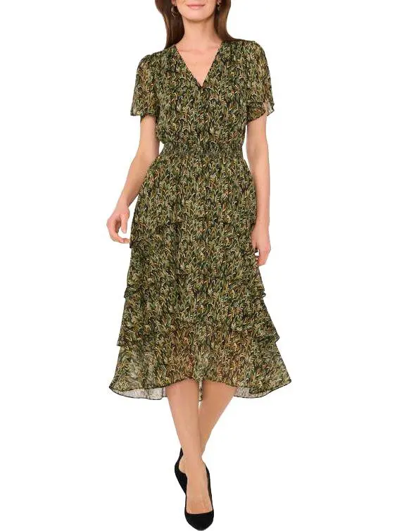 Vince Camuto Printed Georgette Tiered Midi Dress - Rich Black/green
