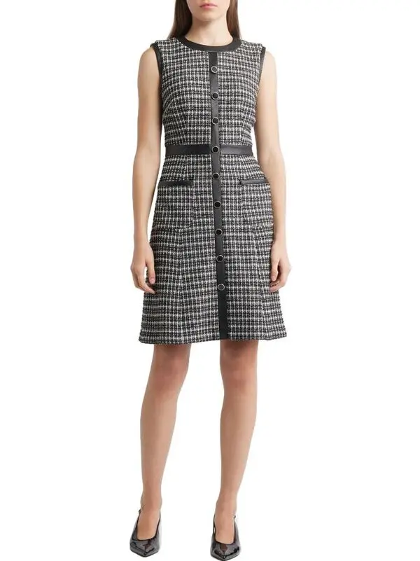 Eliza J Sleeveless Tweed Dress With Faux-leather Trim - Black Ivory