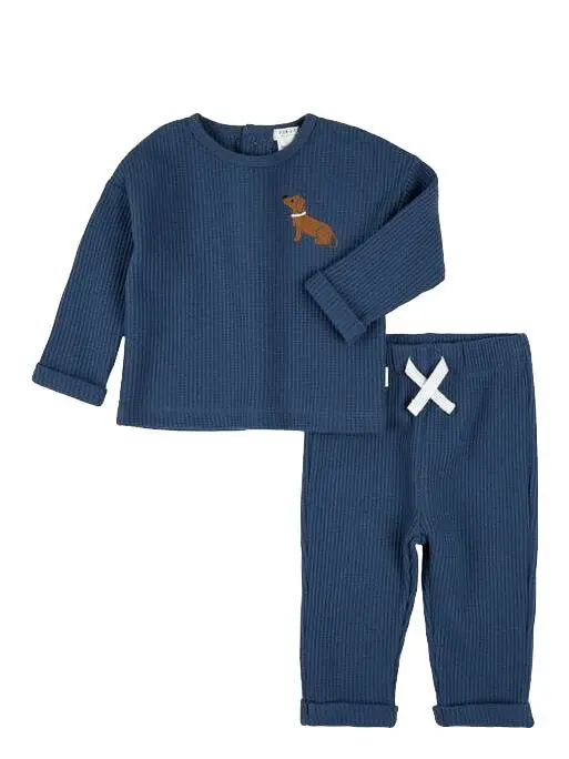 PETIT LEM Puppy Embroidered Thermal Set - Dark Blue