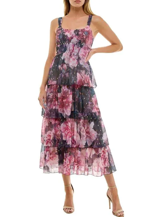 SOCIALITE Floral Print Tiered Chiffon Dress - Black/pink Floral