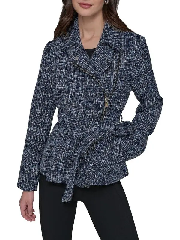 Karl Lagerfeld Paris Belted Tweed Moto Jacket - Blue Multi