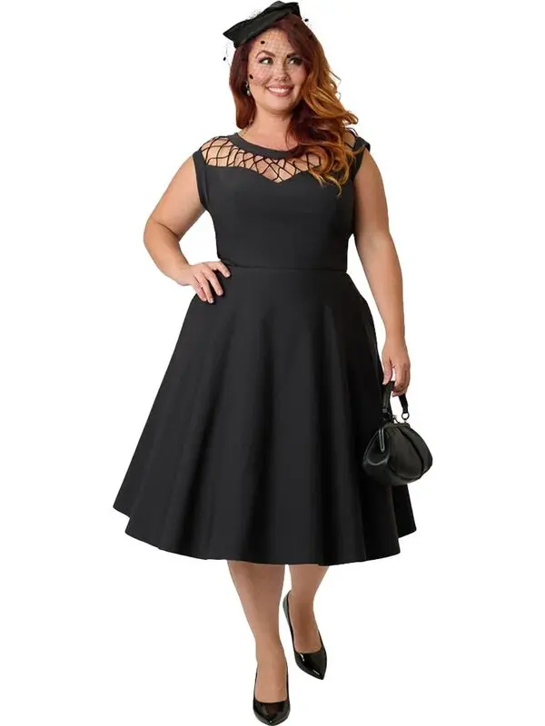 Unique Vintage Diamond Cutout Swing Dress - Black