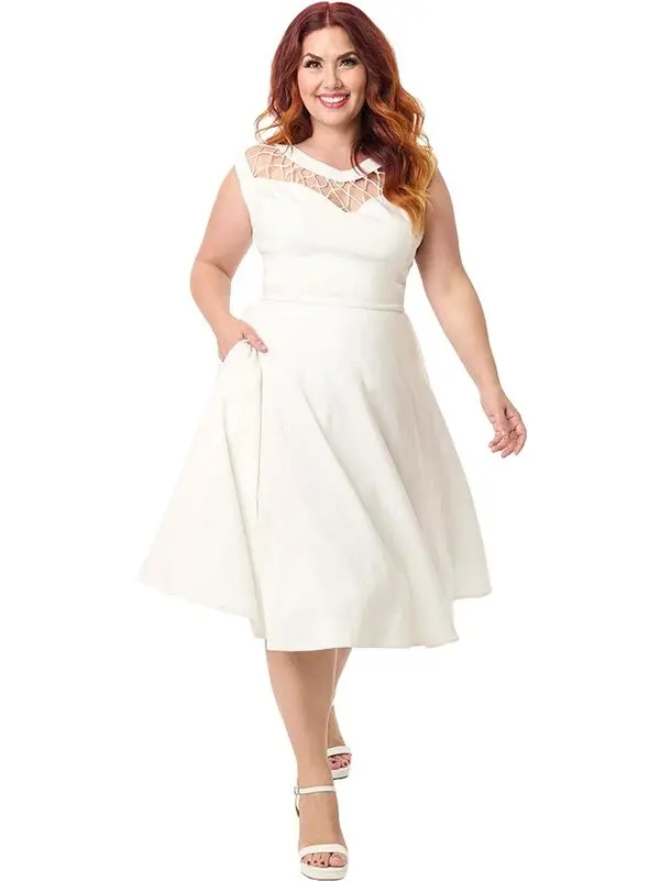 Unique Vintage Diamond Cutout Swing Dress - Ivory