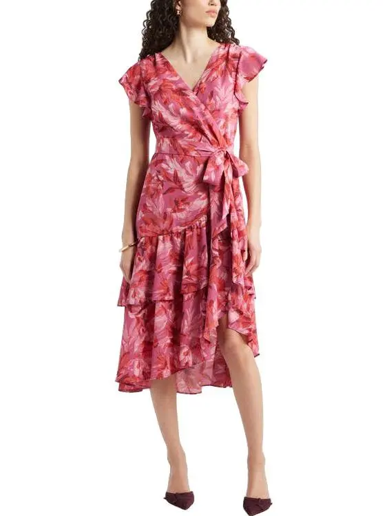 Chelsea28 Flutter Sleeve Faux Wrap Midi Dress - Pink Allison Bloom