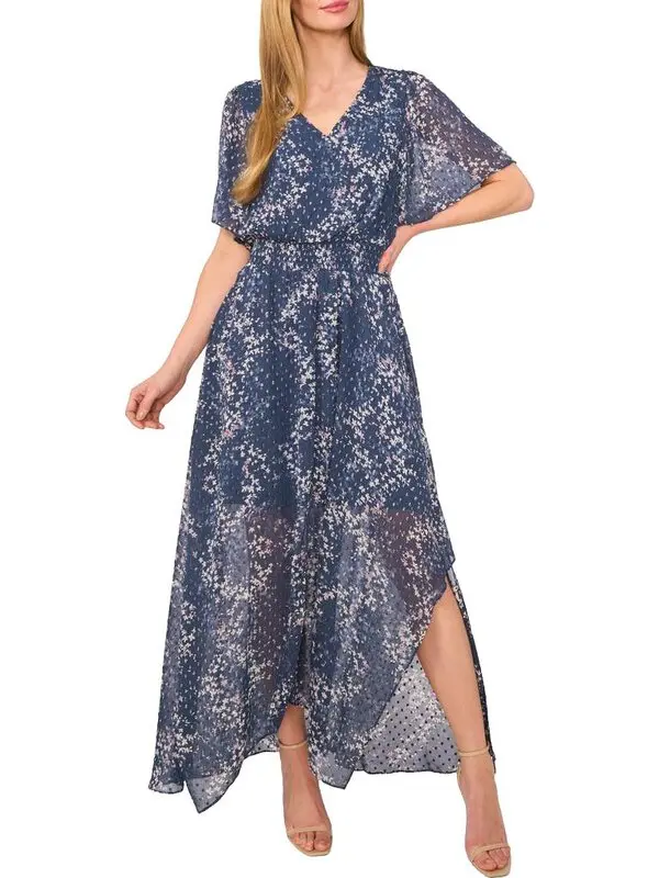 CECE DUPRAZ Floral Semisheer Smocked Waist Handkerchief Hem Maxi Dress - Blue Haze