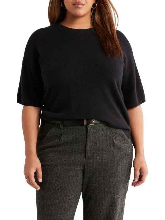 Nordstrom Cashmere Short Sleeve Crewneck Sweater - Black Rock