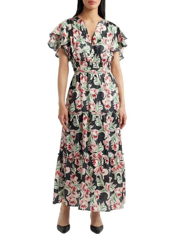 Julia Jordan Floral Tiered Satin Dress - Black Multi