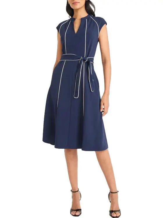 Maggy London Contrast Piped Belted Midi Dress - Navy Blazer