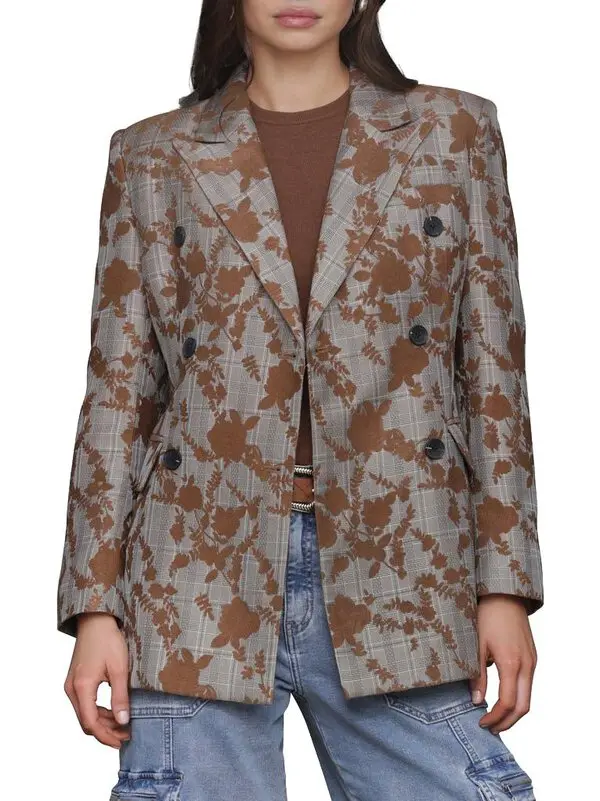 Avec Les Filles Plaid Floral Embroidered Double-breasted Blazer - Grey Plaid/brown Floral