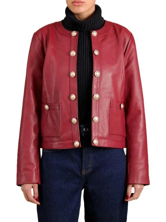 Bagatelle Genuine Leather Collarless Jacket - Oxblood