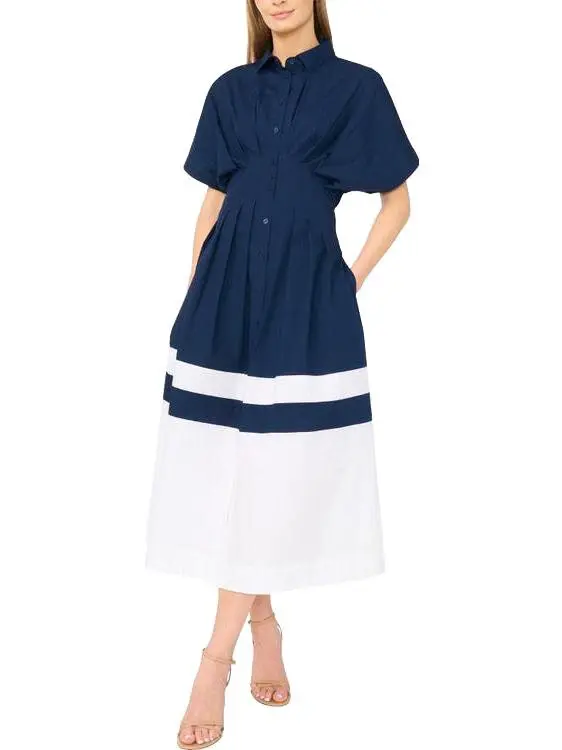 Halogen Colorblock Pleated Cotton Poplin Shirtdress - Classic Navy