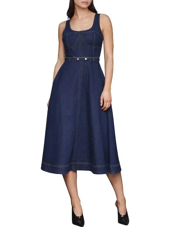 Avec Les Filles Belted Bustier Denim Fit & Flare Dress - Royal Rinse