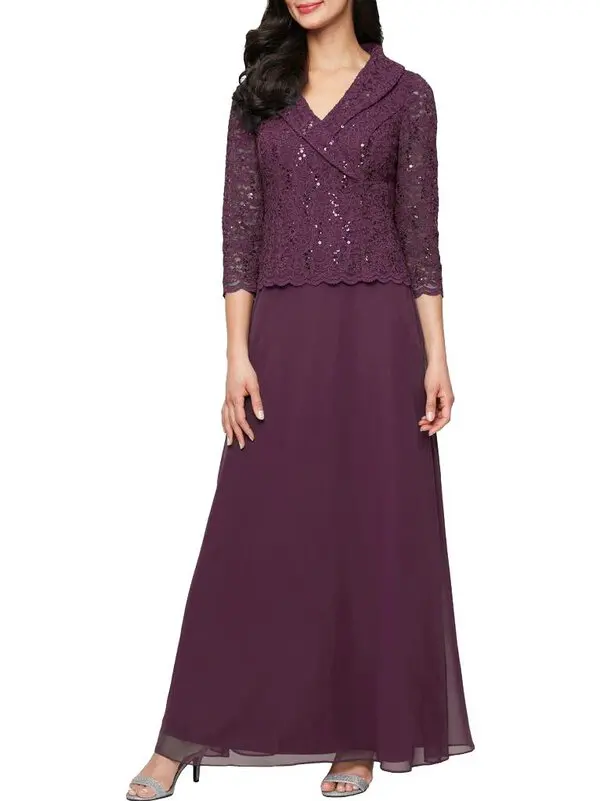 Alex Evenings Sequin Lace & Chiffon Cocktail Dress - Deep Plum