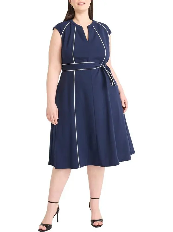 Maggy London Contrast Piping Belted Midi Dress - Navy Blazer