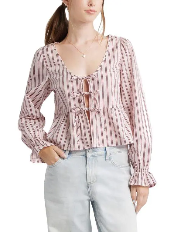 Bp. Tie-front Cotton Poplin Peplum Top - Pink- Burgundy Kate Stripe
