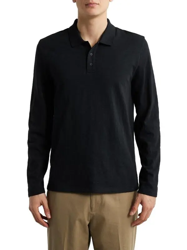 Vince Slub Cotton Long Sleeve Polo - Black
