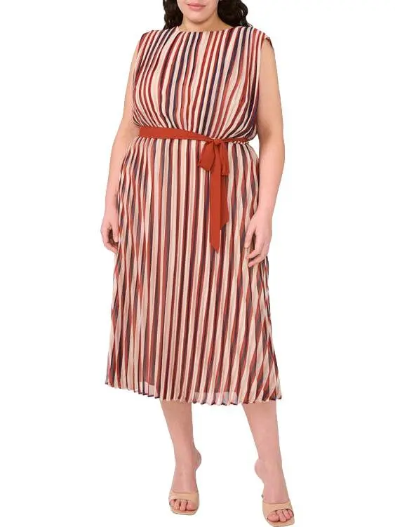 Halogen Brandy Street Stripe Pleated Belted Midi Dress - Burnt Henna