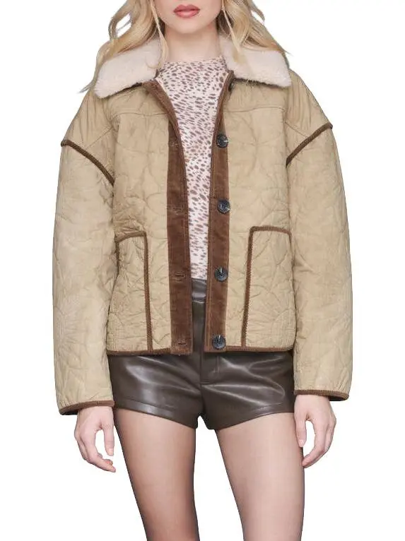 Avec Les Filles Floral Quilted Jacket With Faux-shearling Collar - Vintage Khaki