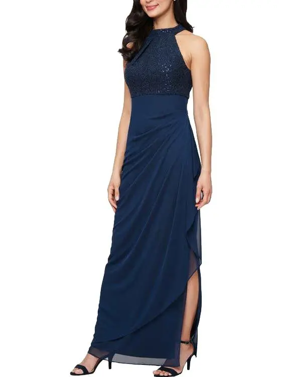 Alex Evenings Corded Lace Bodice Cocktail Dress - Navy