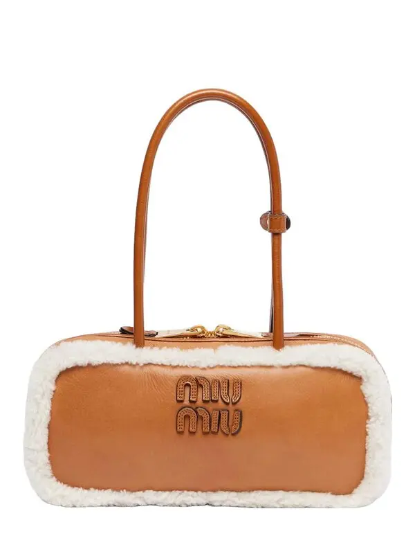 Miu Miu Shearling-trimmed Leather Tote Bag - Brown