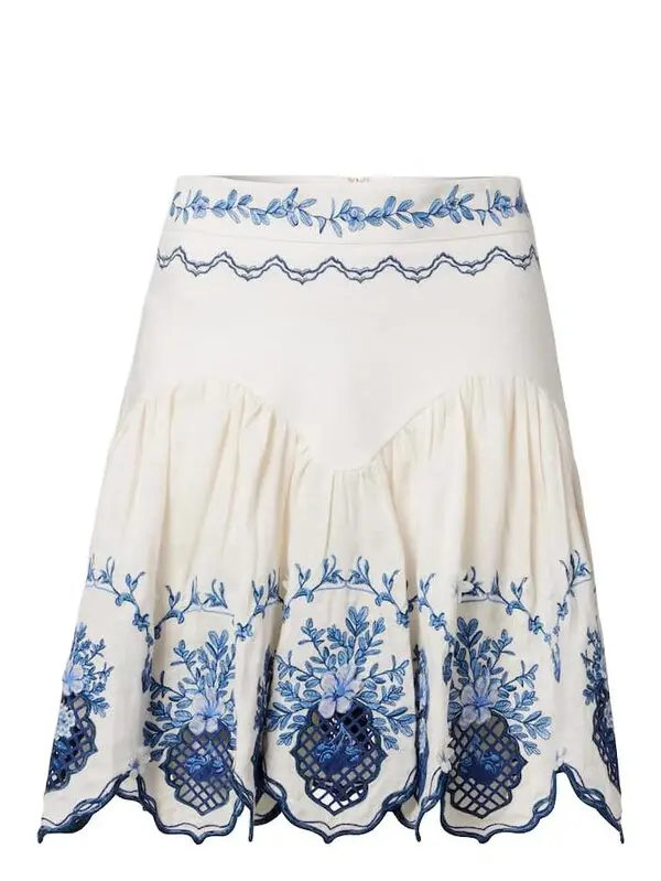 Agua Bendita Acai Embroidered Floral Linen Miniskirt - Beige