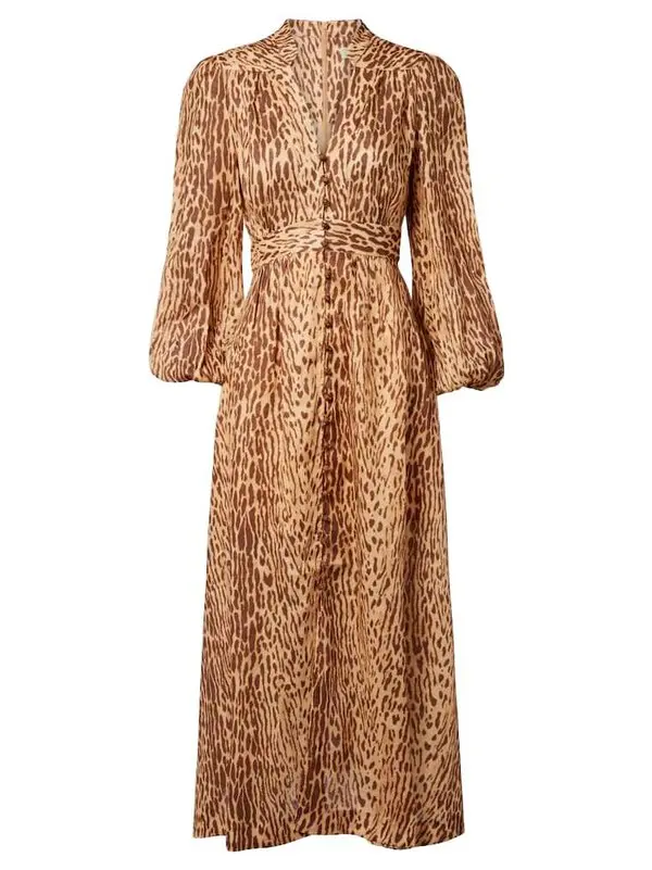 Zimmermann Cascadian Leopard-print Linen Midi Dress - Brown