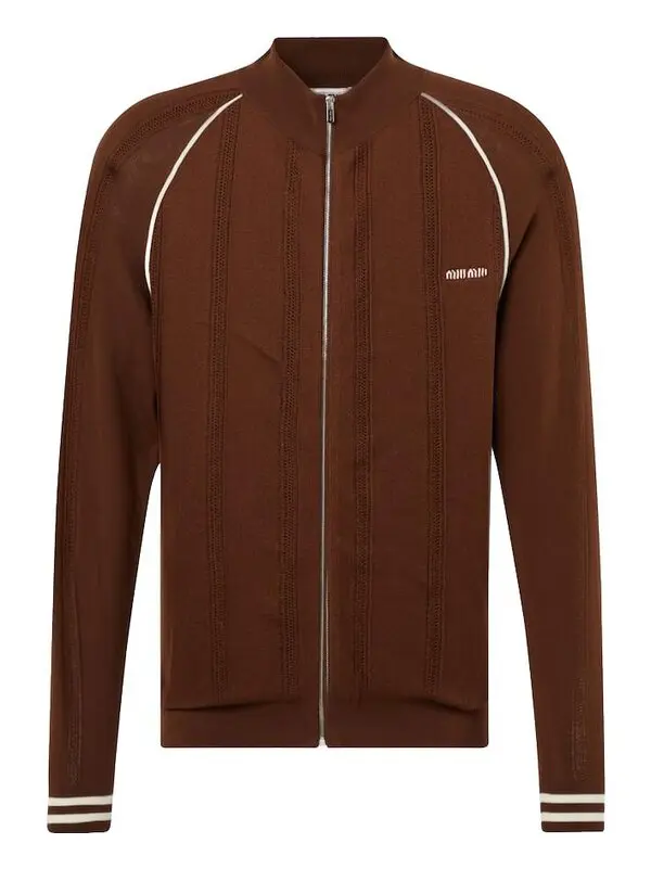 Miu Miu Logo Cotton-blend Zip-up Cardigan - Brown