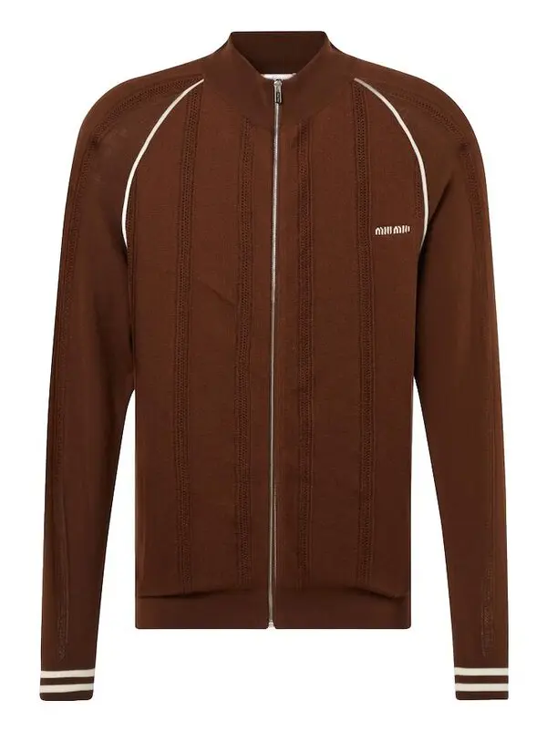 Miu Miu Logo Cotton-blend Zip-up Cardigan - Brown
