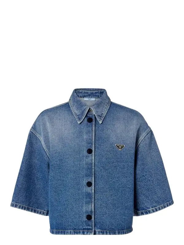 Prada Logo Cropped Denim Shirt - Blue
